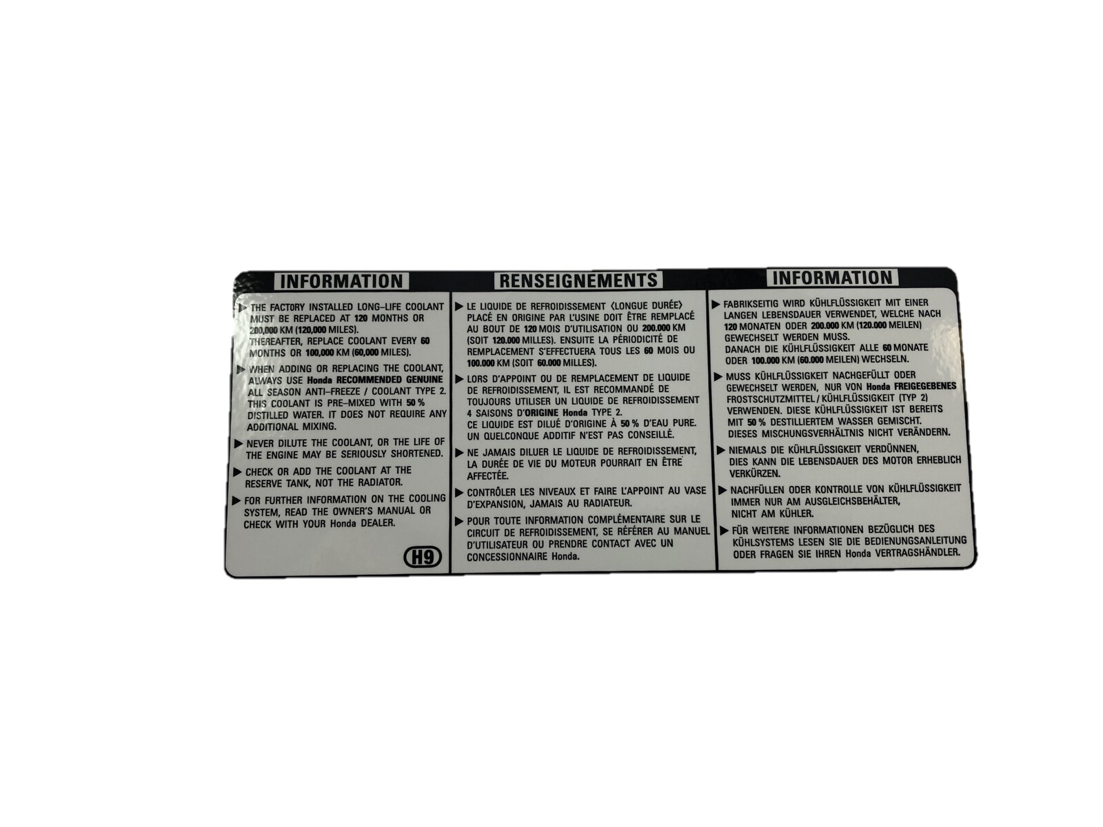 LABEL COOLANT INF - Honda